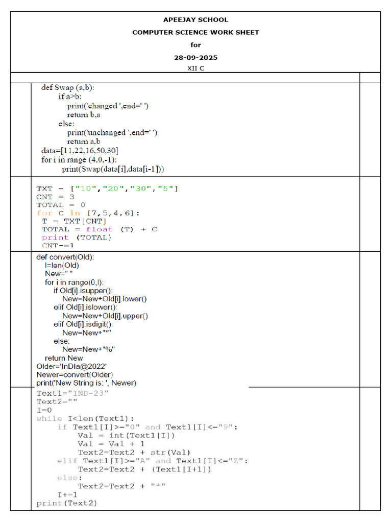 Computer Science Work Sheet for 28-09-2025 | PDF