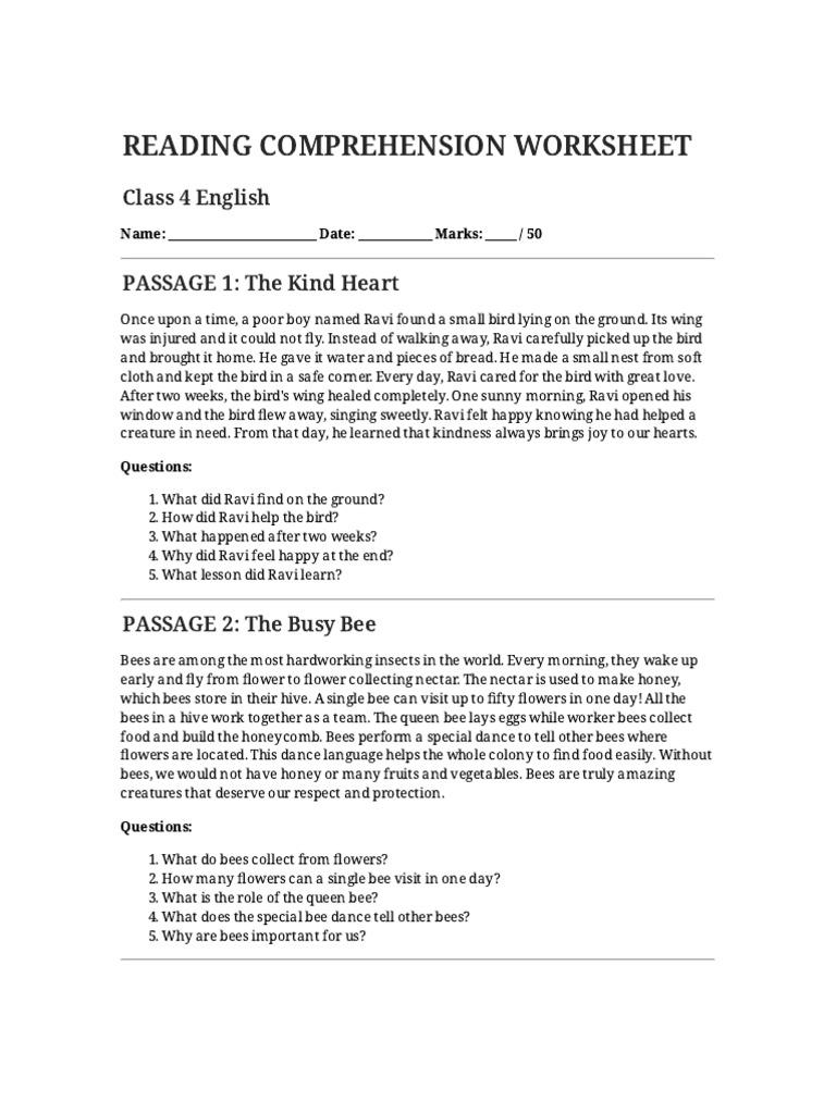 Class 4 Comprehension Worksheet | PDF | Moon | Rainbow