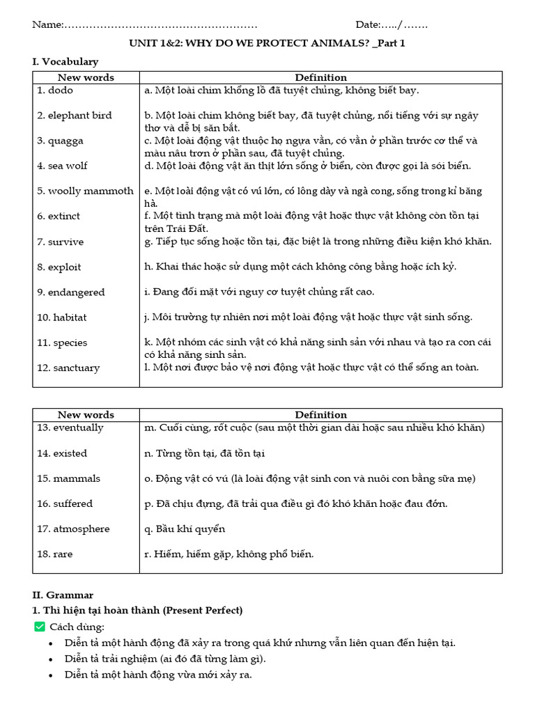 New Words: Unit 1&2: Why Do We Protect Animals? - Part 1 I. Vocabulary ...