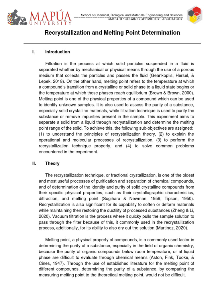 Recrystallization and Melting Point Lab | PDF | Filtration | Melting Point