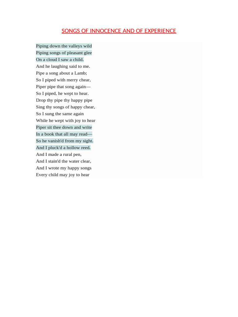 Songs of Innocence and Experience | PDF