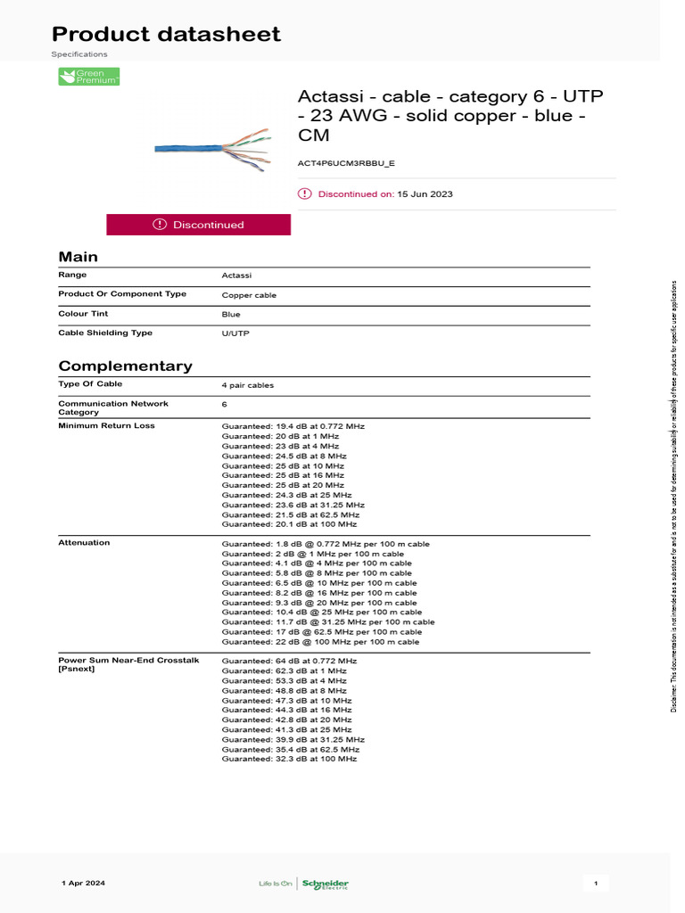Actassi Category 6 UTP Cable Specs | PDF | Manufactured Goods | Electronics