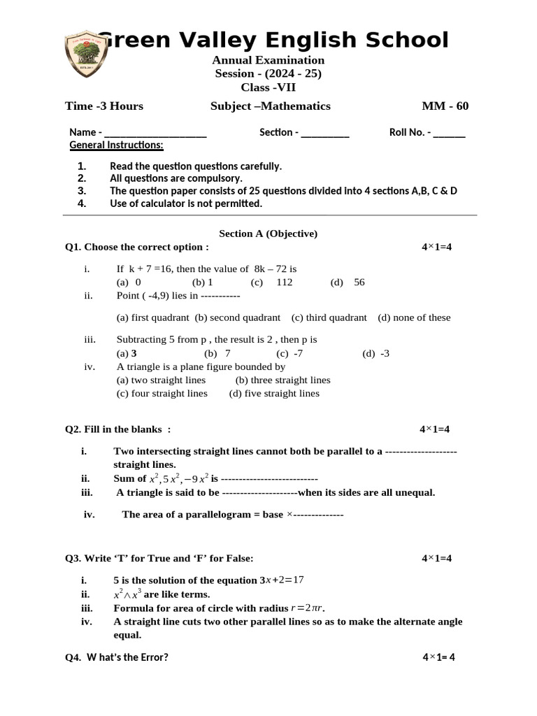 Class VII Mathematics Exam Paper 2024-25 | PDF | Circle | Elementary ...