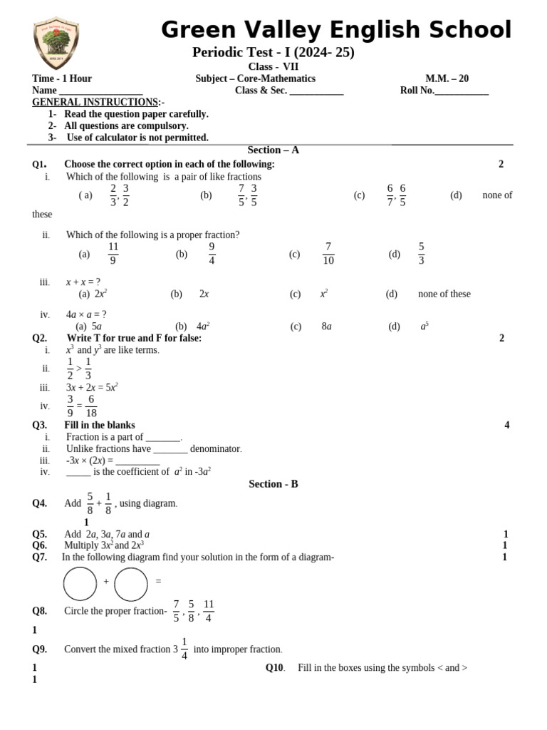 Class VII Core Mathematics Test 2024 | PDF