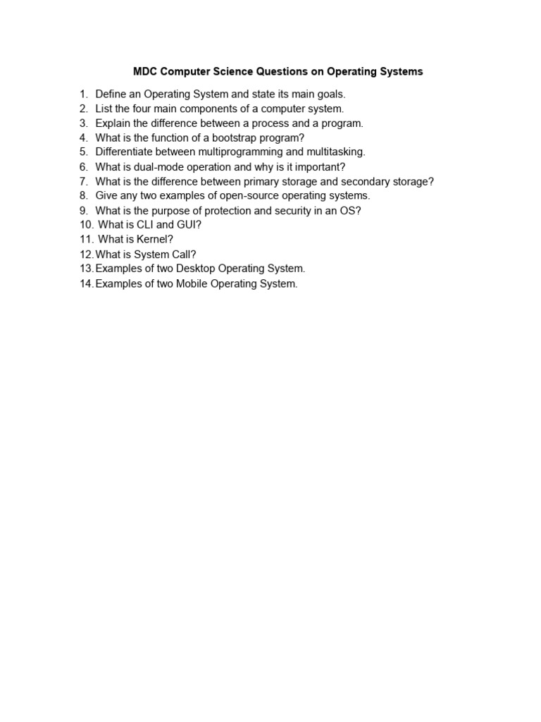 MDC Computer Science Questions on Operating Systems | PDF