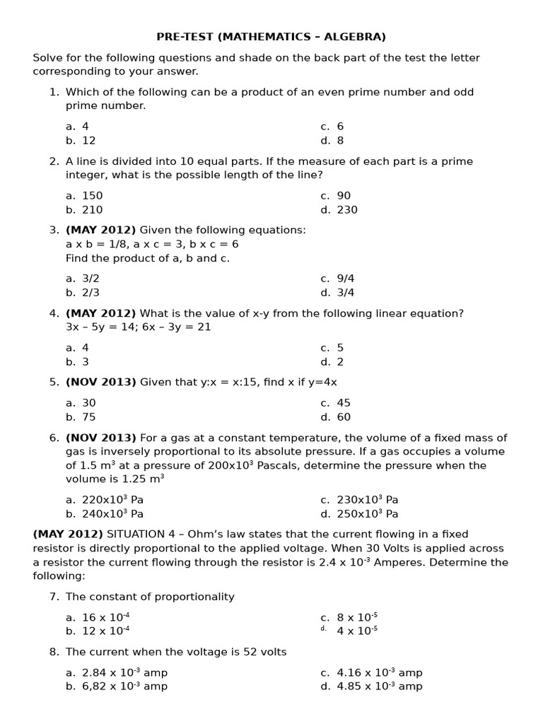 Pre-Test Day1 Algebra | PDF | Resistor | Gases