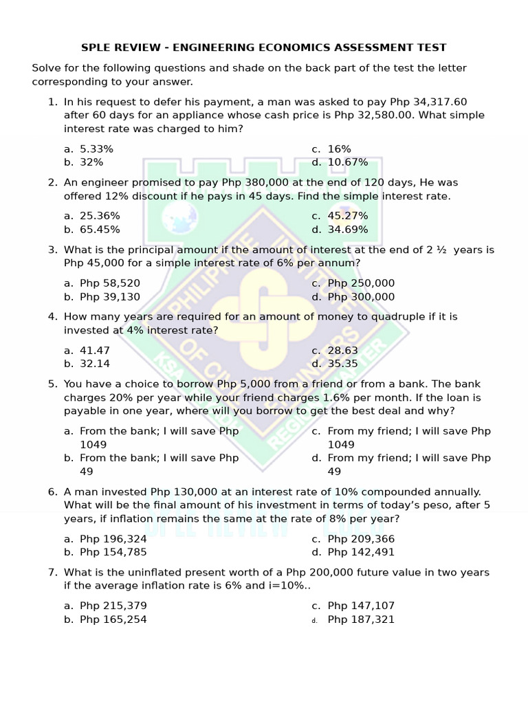 Engineering Economics Assessment Test | PDF | Interest | Private Sector