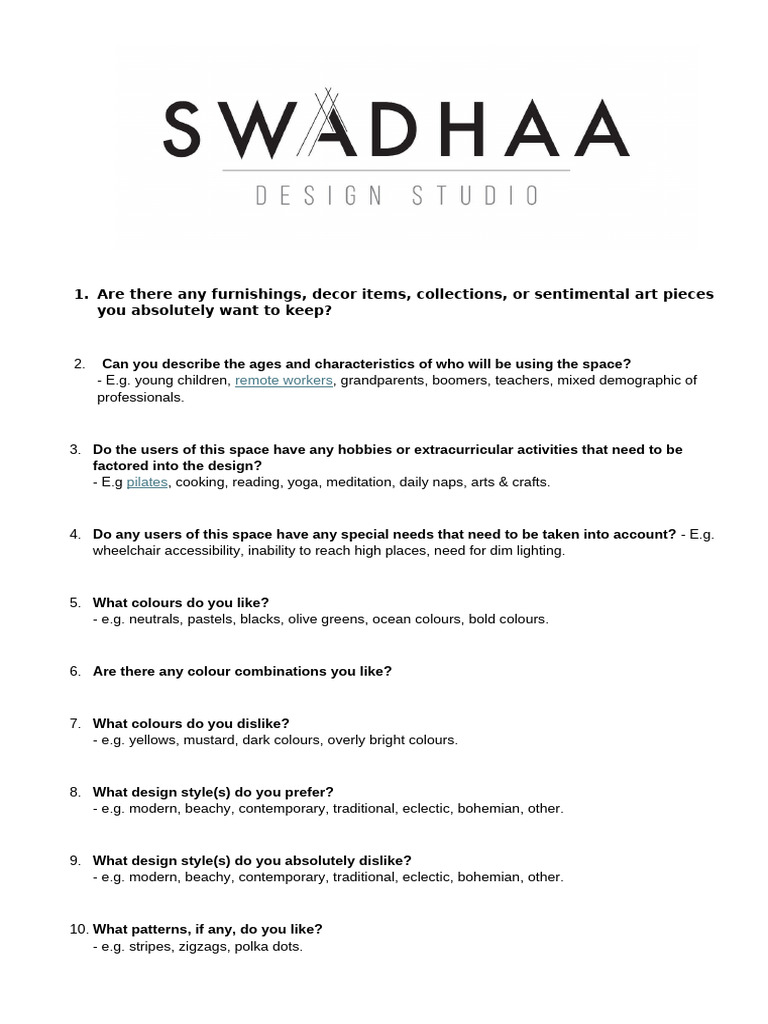 Interior Design - Client Questionnaire | PDF