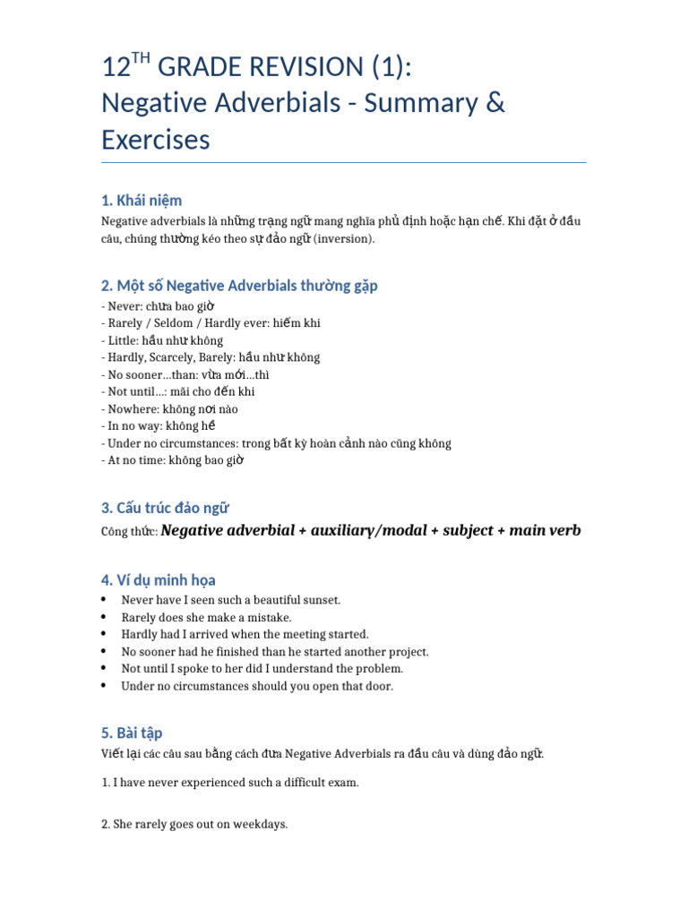 Negative Adverbials and Exercises Guide | PDF