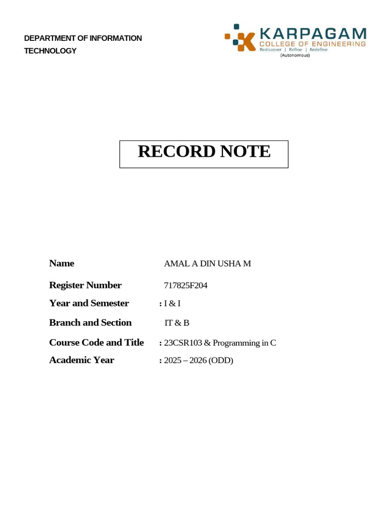 C Programming Lab Record 2025-2026 | PDF | Pointer (Computer ...