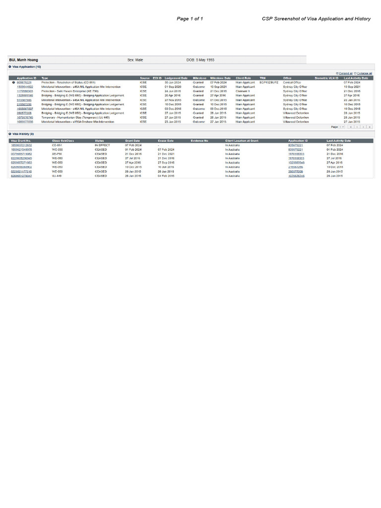 CSP Screenshot of Visa Application and History - Released to Client | PDF