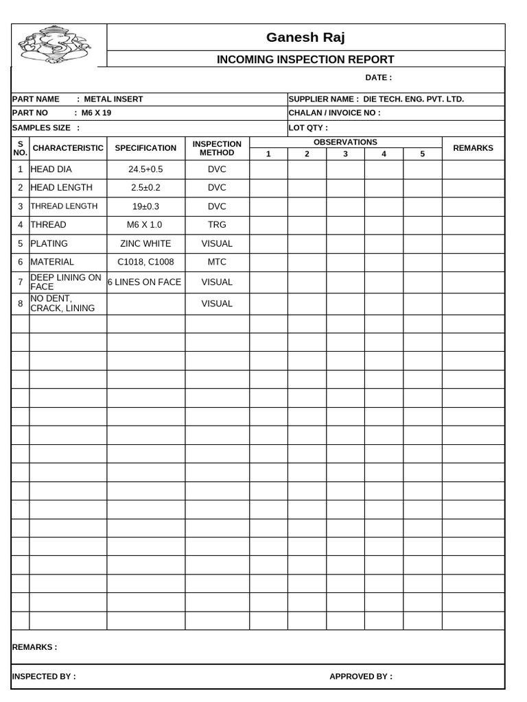 Incoming Inspection Reports for Fasteners | PDF | Screw | Crafts