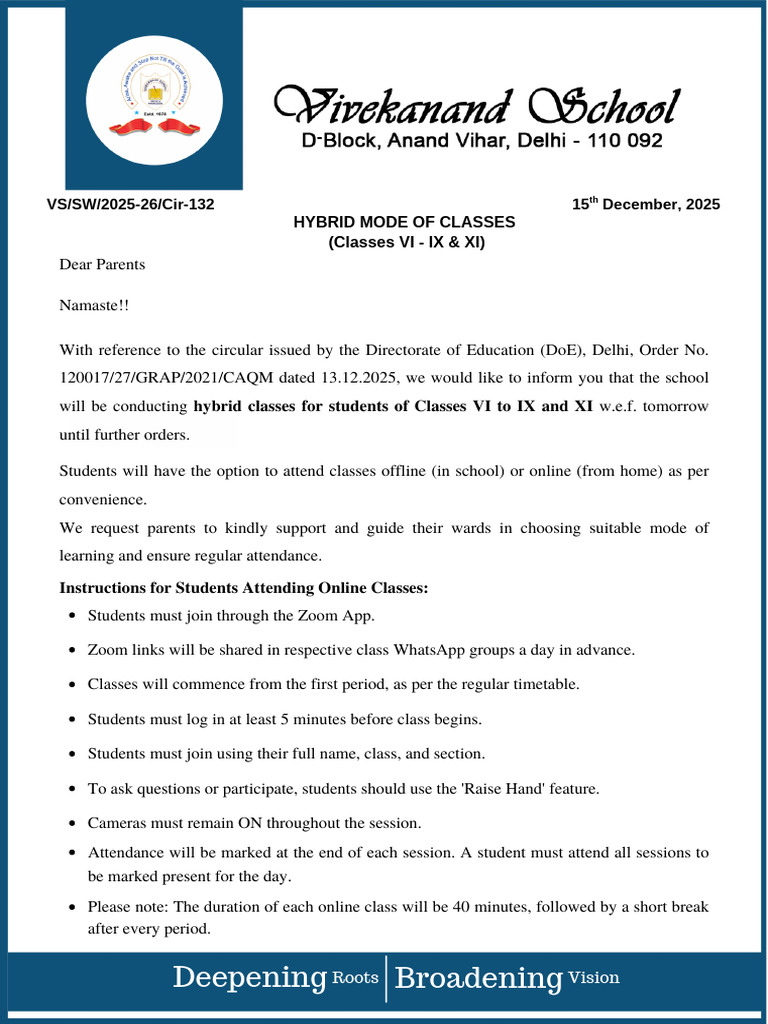 Circular for Hybrid Mode (Classes VI-IX & XI)-1 | PDF | Military ...