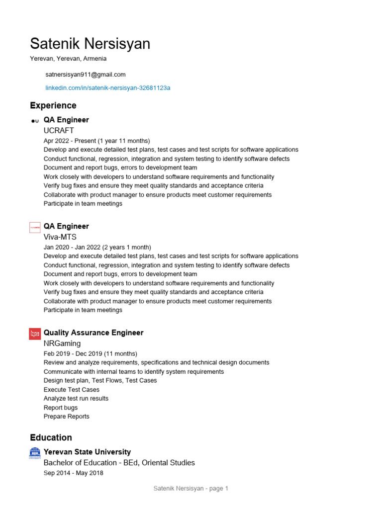 QA Engineer Resume - Satenik Nersisyan | PDF