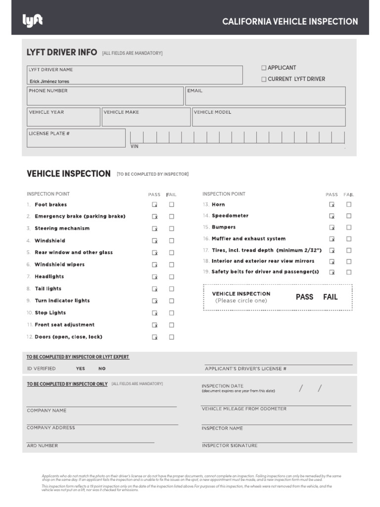 Lyft Vehicle Inspection Form California | PDF | Vehicles | Transport