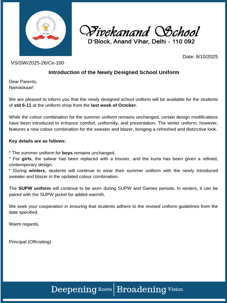 Introduction of the Newly Designed School Uniform | PDF