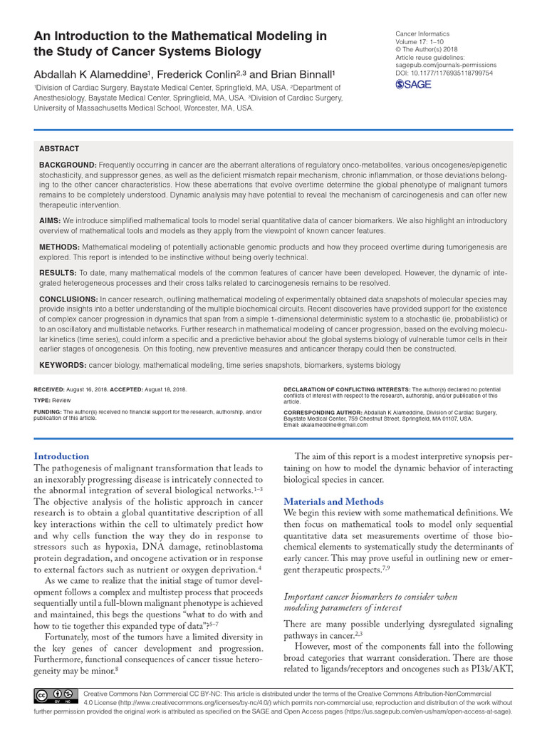 An Introduction To The Mathematical Modeling in The Study of Cancer ...