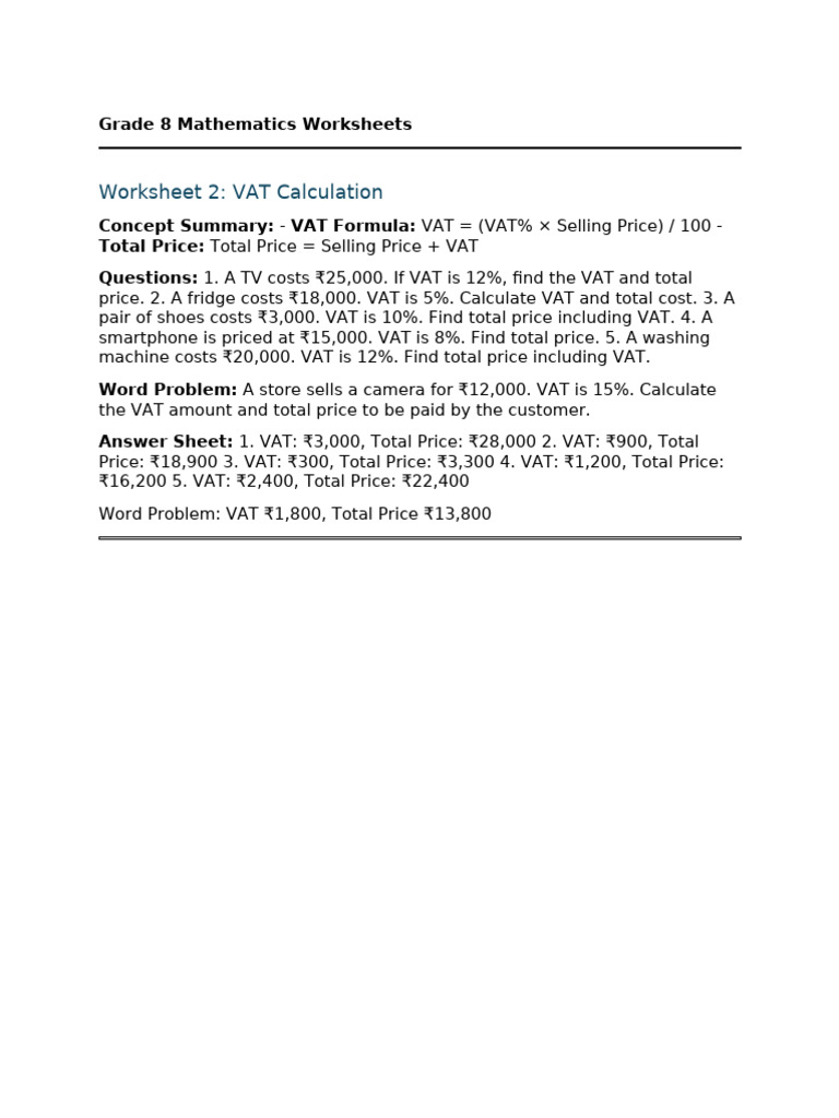 Grade 8 VAT Calculation Worksheets | PDF