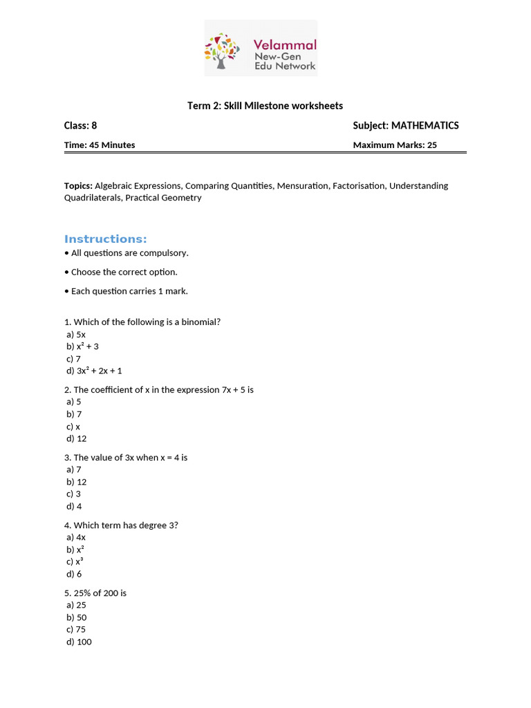 Skill Milestone WS - MATHS | PDF