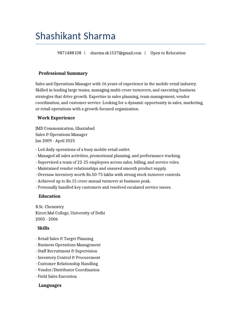 Shashikant Sharma Professional CV | PDF