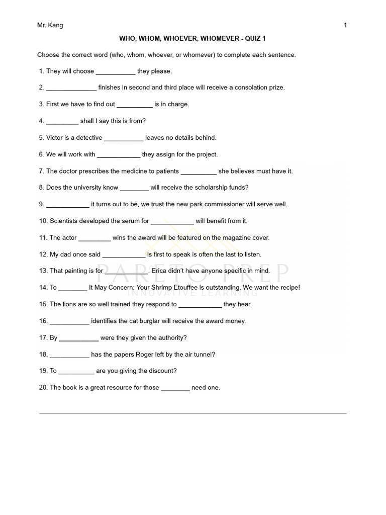 (Additional HW 2) WHO, WHOM, WHOEVER, WHOMEVER - QUIZ 1 | PDF