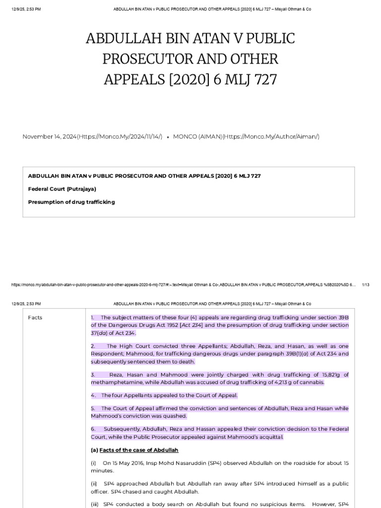 Abdullah Bin Atan Drug Trafficking Case | PDF | Burden Of Proof (Law ...