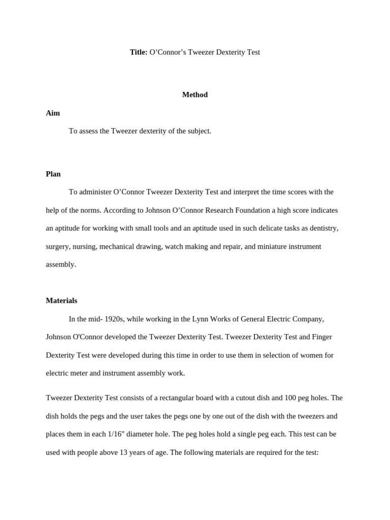 Tweezer Dexterity Test | PDF | Percentile | Experiment