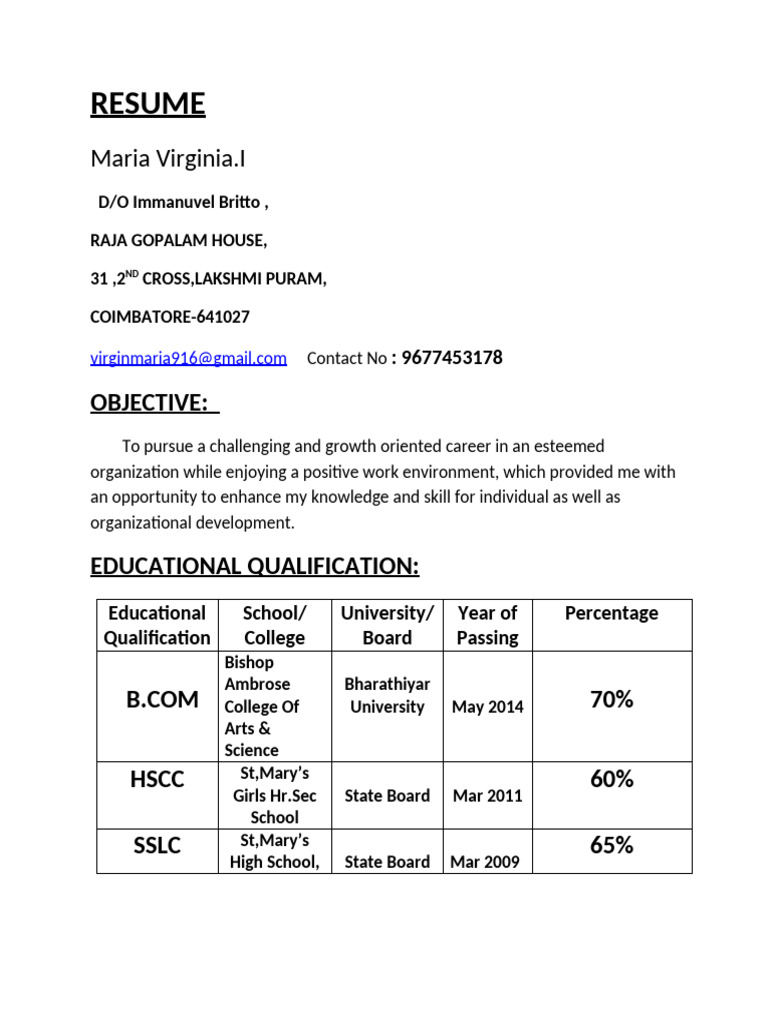 Resume of Maria Virginia I - B.Com Graduate | PDF