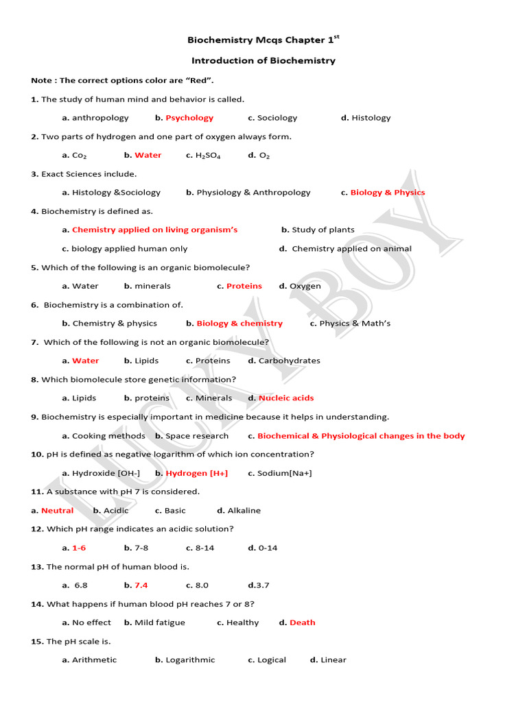 Biochemistry MCQs: Chapter 1 Overview | PDF