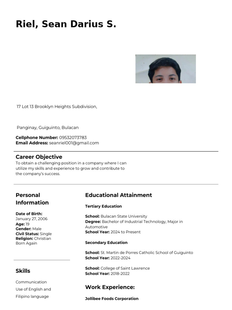 Sean Riel's Resume: Industrial Tech Student | PDF