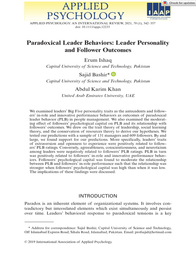Applied Psychology - 2019 - Ishaq - Paradoxical Leader Behaviors Leader ...