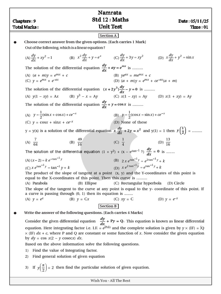Std 12 Maths Unit Test Questions | PDF | Equations | Tangent