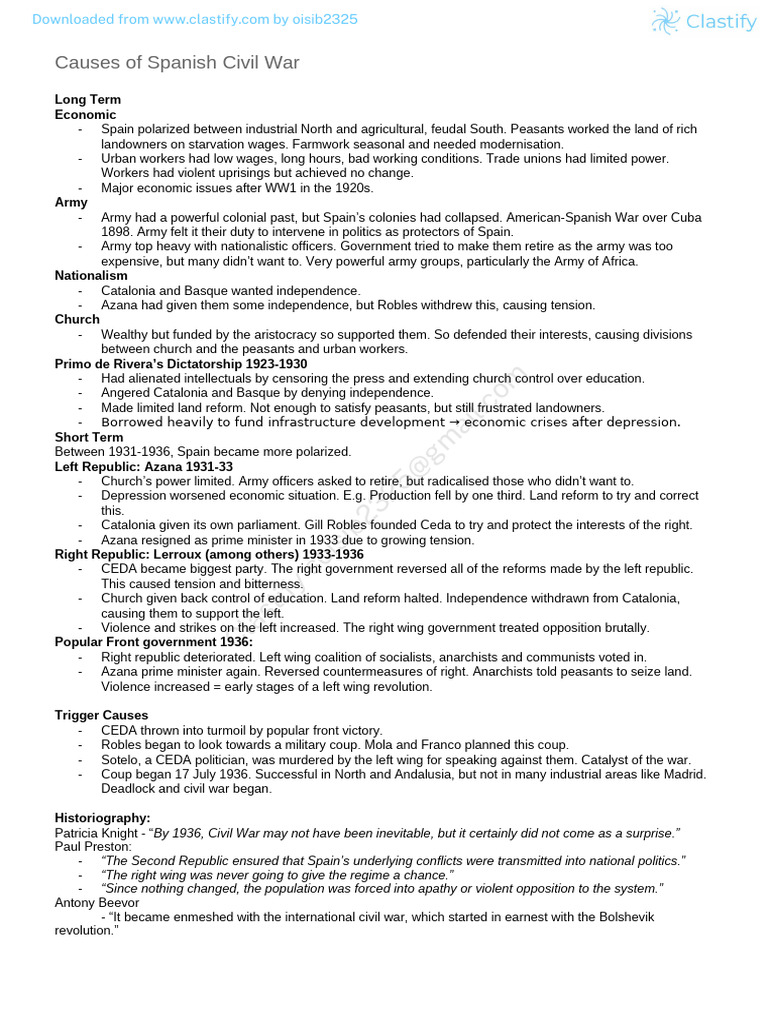Causes of Wars (Spanish Civil War, WW1 and WW2) | 20th Century ...