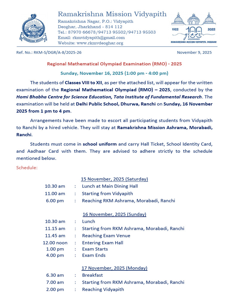 RMO 2025 Exam Details for Students | PDF