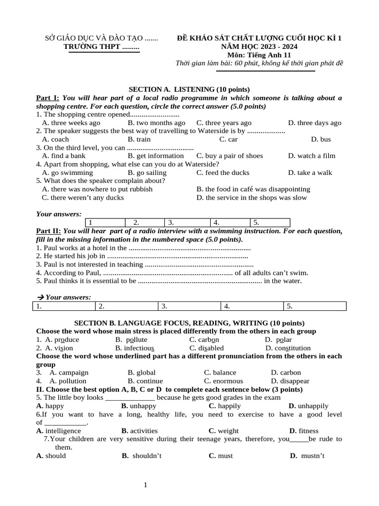 Đề Thi Cuối Kì 1 Anh 11 Global Success Có File Nghe Đáp Án Đề 6 | PDF ...
