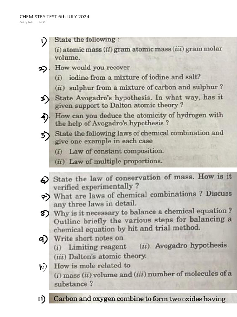 Chemistry Test 6th July 2024 | PDF
