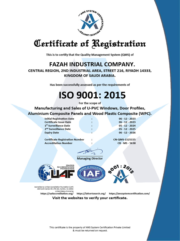 ISO 9001:2015 Certification for FAZAH | PDF