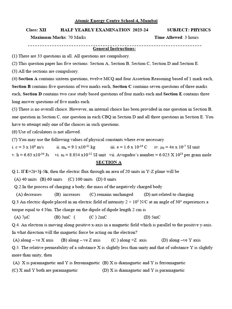 Physics Half Yearly 2023 | PDF | Electromagnetic Radiation | Magnetic Field