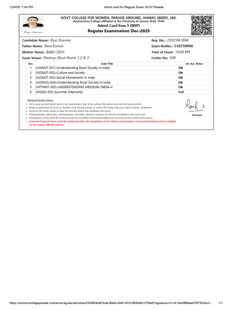 GCW Parade Ground Exam Admit Card 2025 | PDF