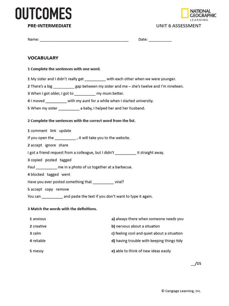 Outcomes3e Preintermediate Assessment Test Unit06 | PDF