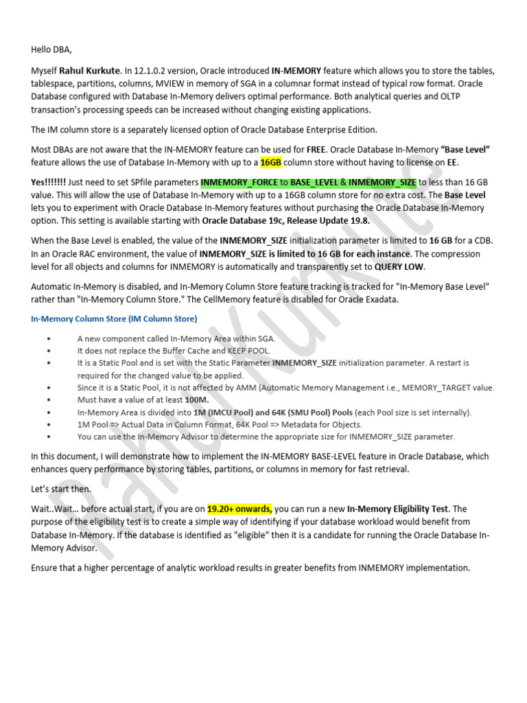 How to Implement IN_MEMORY_BASE_LEVEL | PDF | Databases | Information ...