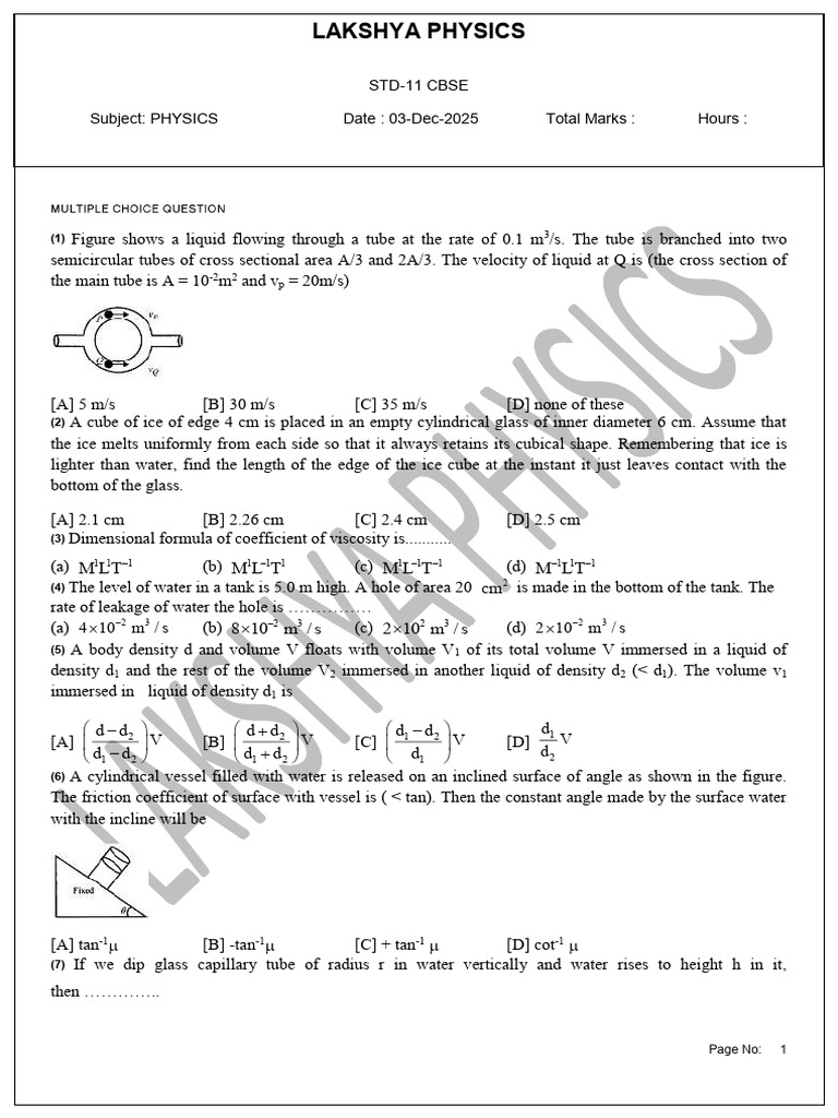 Physics Multiple Choice Questions | PDF | Liquids | Pressure