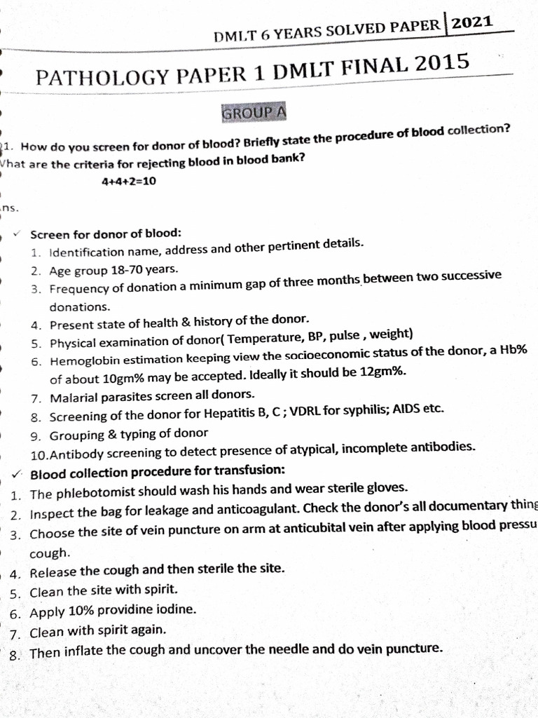DMLT Pathology 6 Years Year Question | PDF