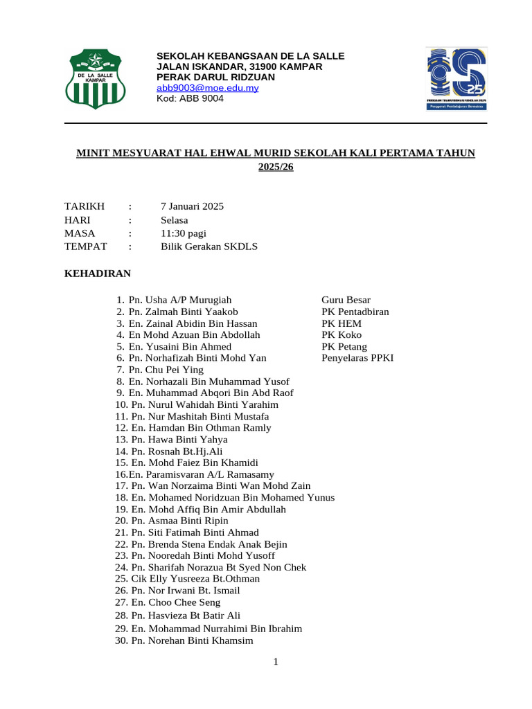 Mesyuarat Hal Ehwal Murid SK De La Salle | PDF
