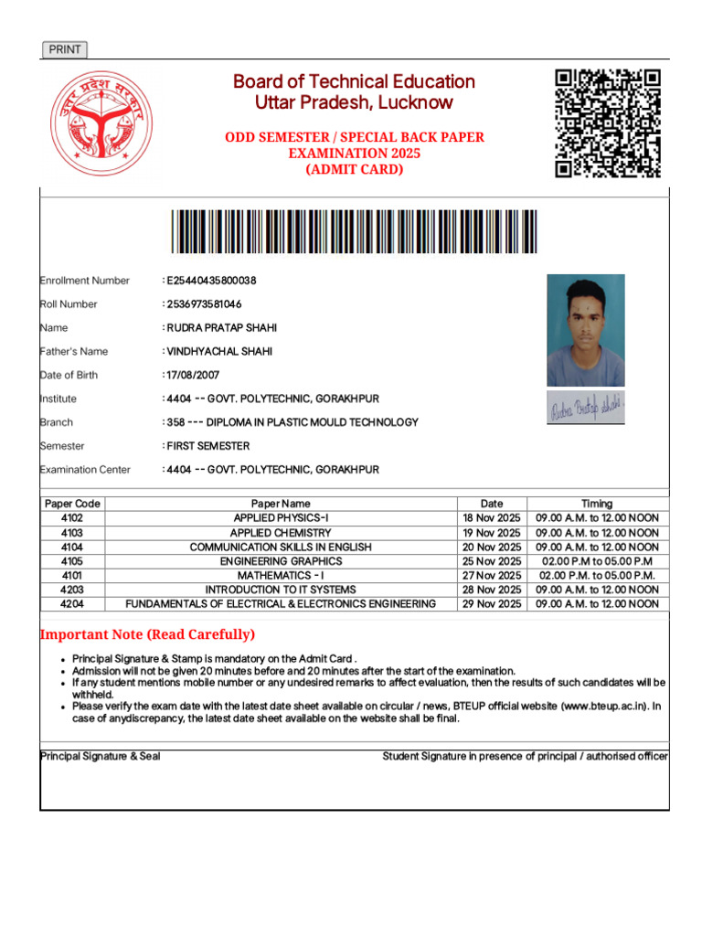 Bteup.ac.in ESeva Student AdmitCard.aspx EnrollNumber=E25440435800038 ...