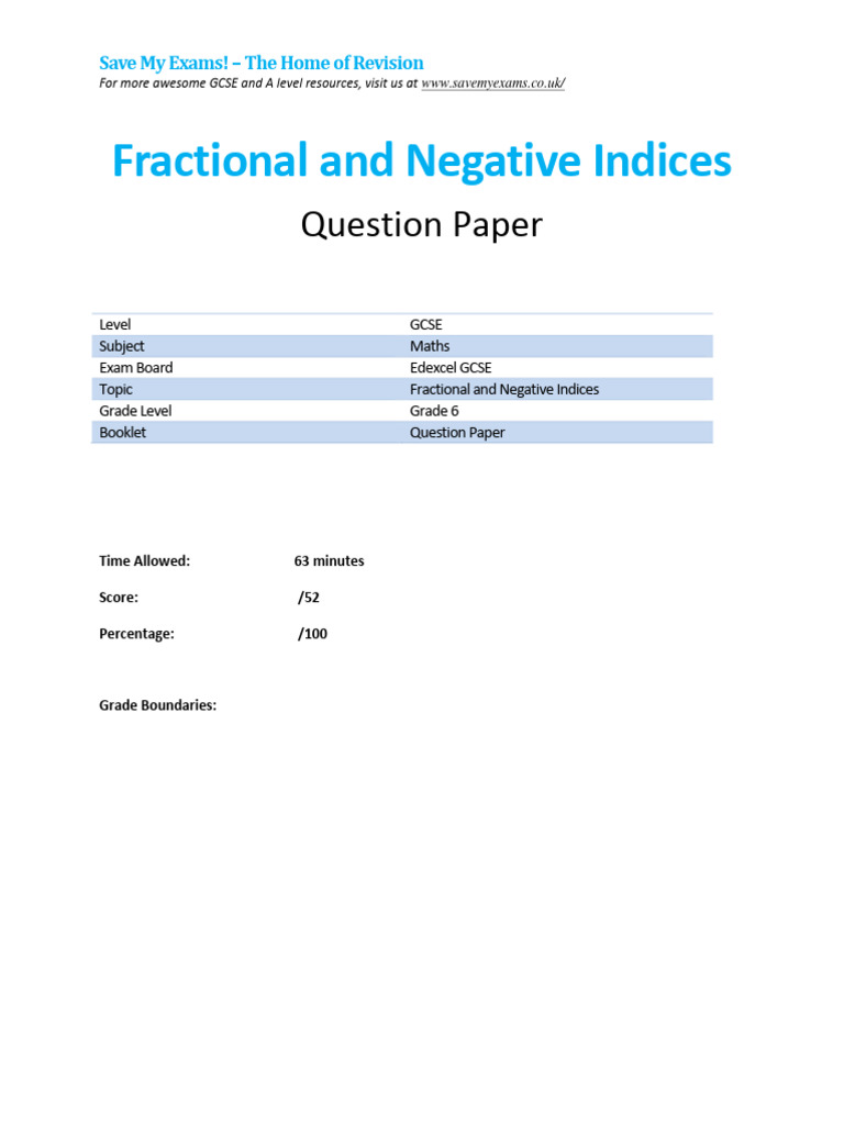 Fractional and Negative Indices QP Edexcel Gcse | PDF | Chess | Chess ...