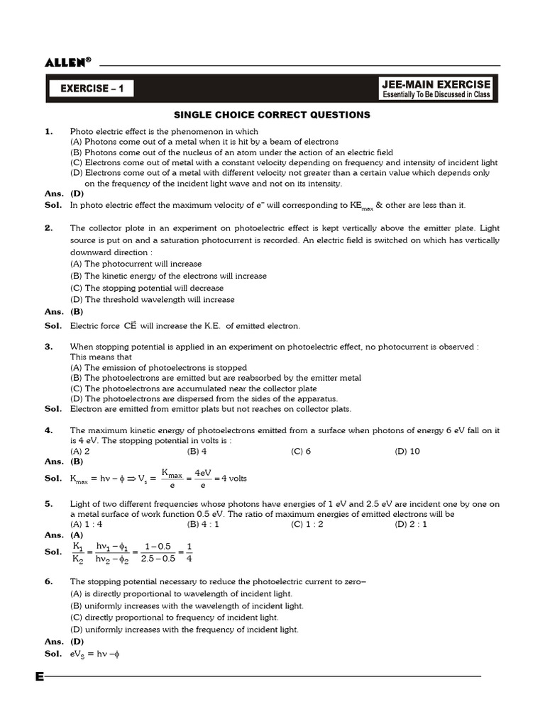 Atomic Physics _Exercise Sol | PDF | Photoelectric Effect | Electron