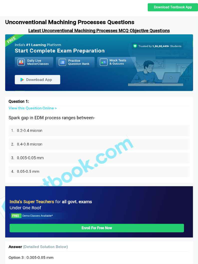 MCQ On Unconventional Machining Processes 5eea6a0d39140f30f369e2b1 | PDF