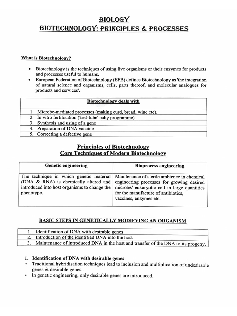 Biology Biotechnology Principles and Processes Notes | PDF | Molecular ...