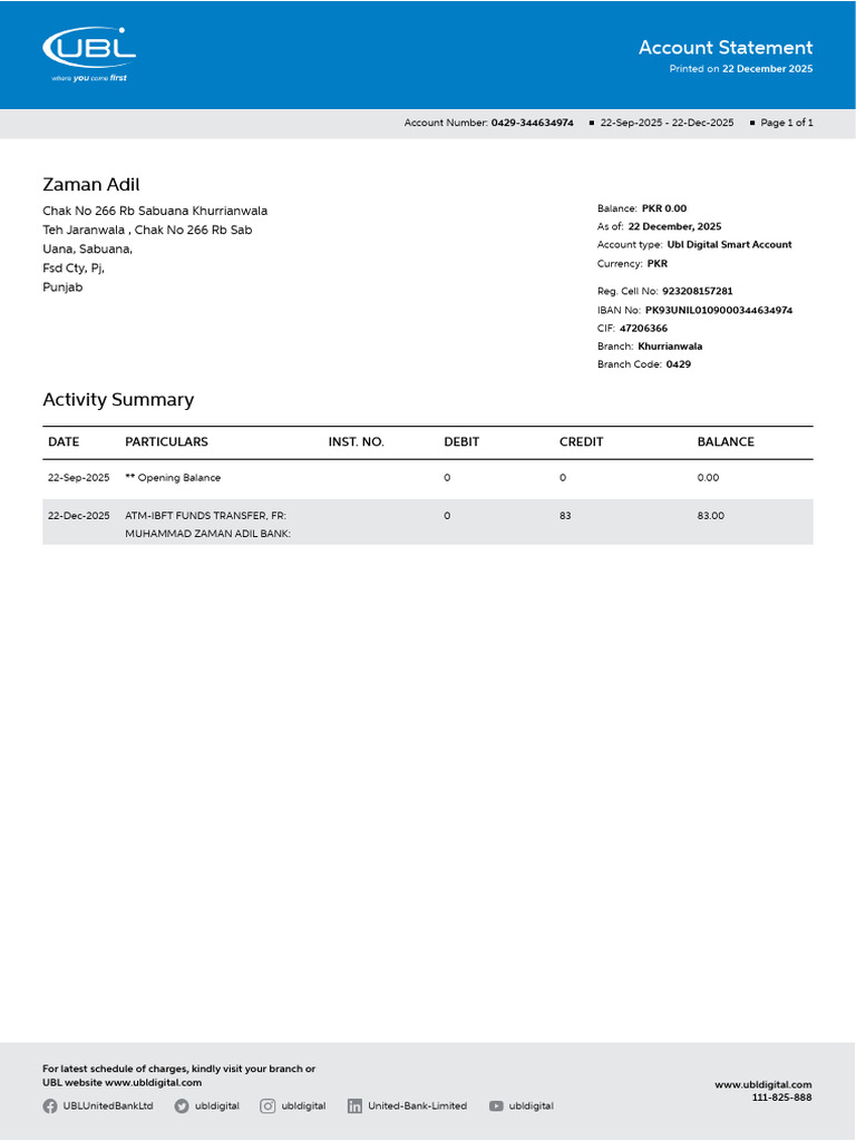 UBL Digital Smart Account Statement | PDF | Banking | Financial Services